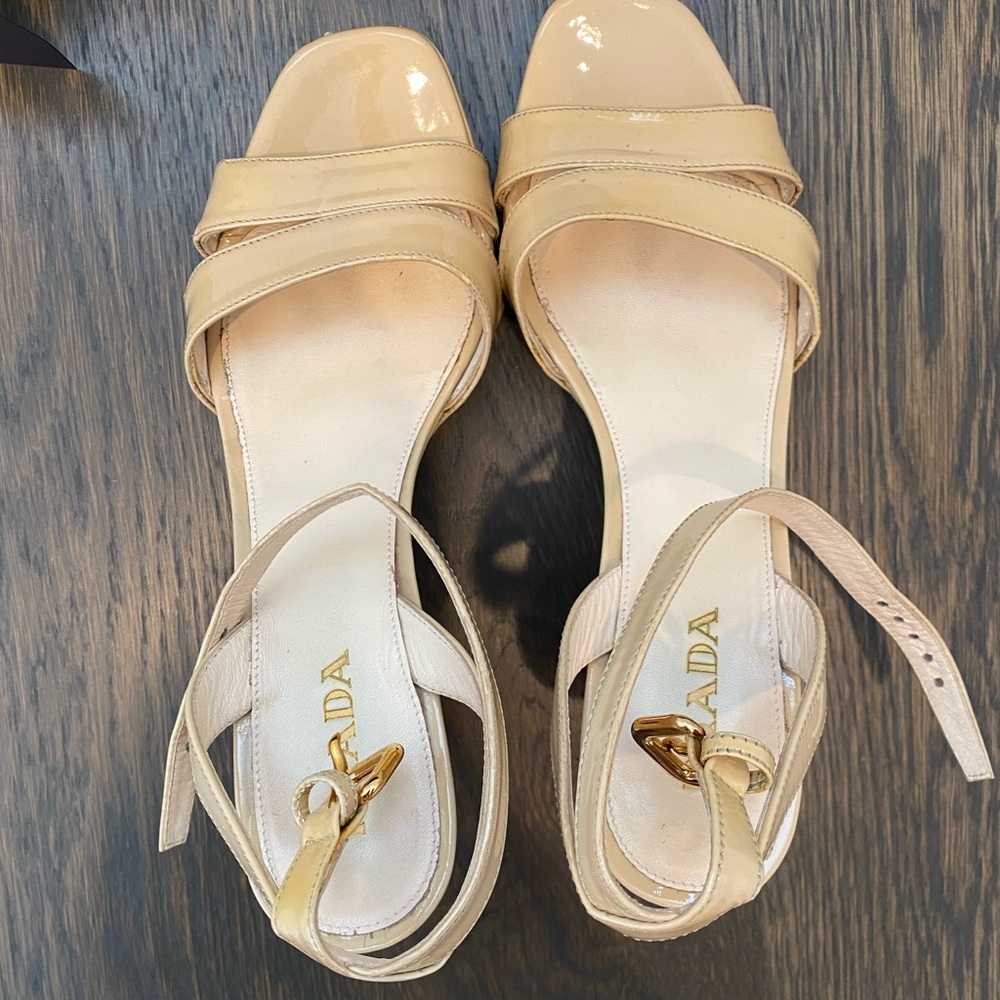 Prada Nude Patent Leather Sandals/Wedges - Gem